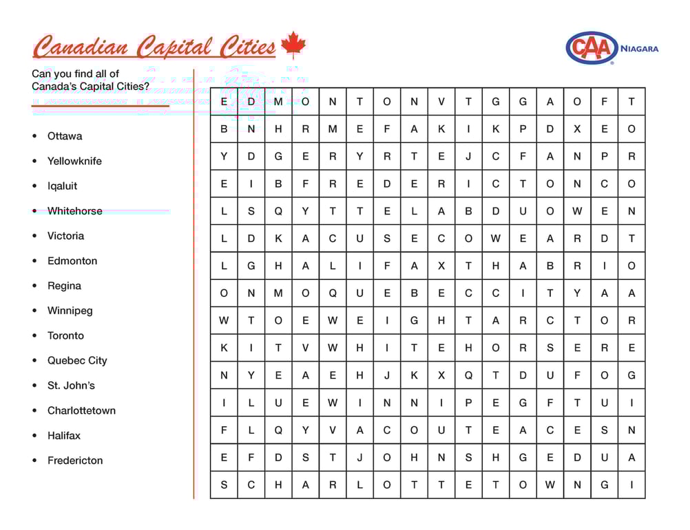 Capital Cities Word Search | Canada For Kids