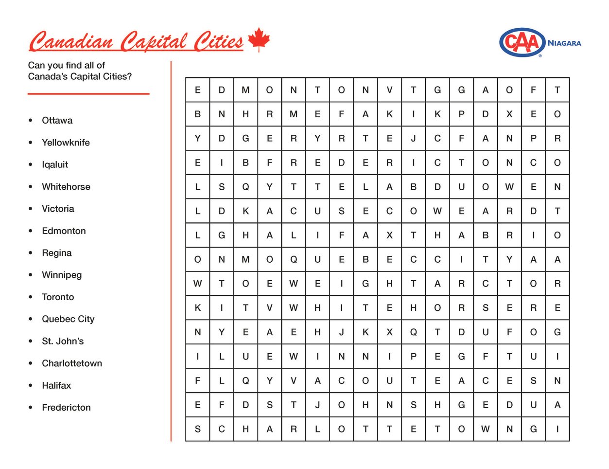 Capital Cities Word Search | Canada For Kids