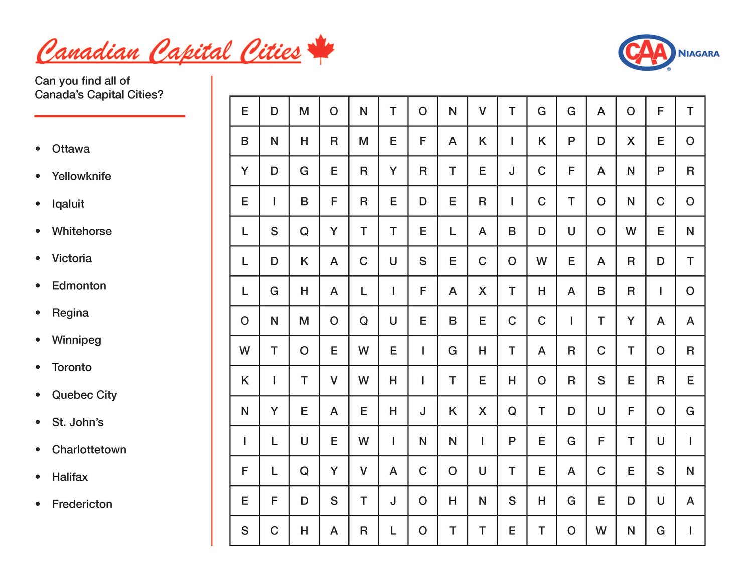 Capital Cities Word Search | Canada For Kids