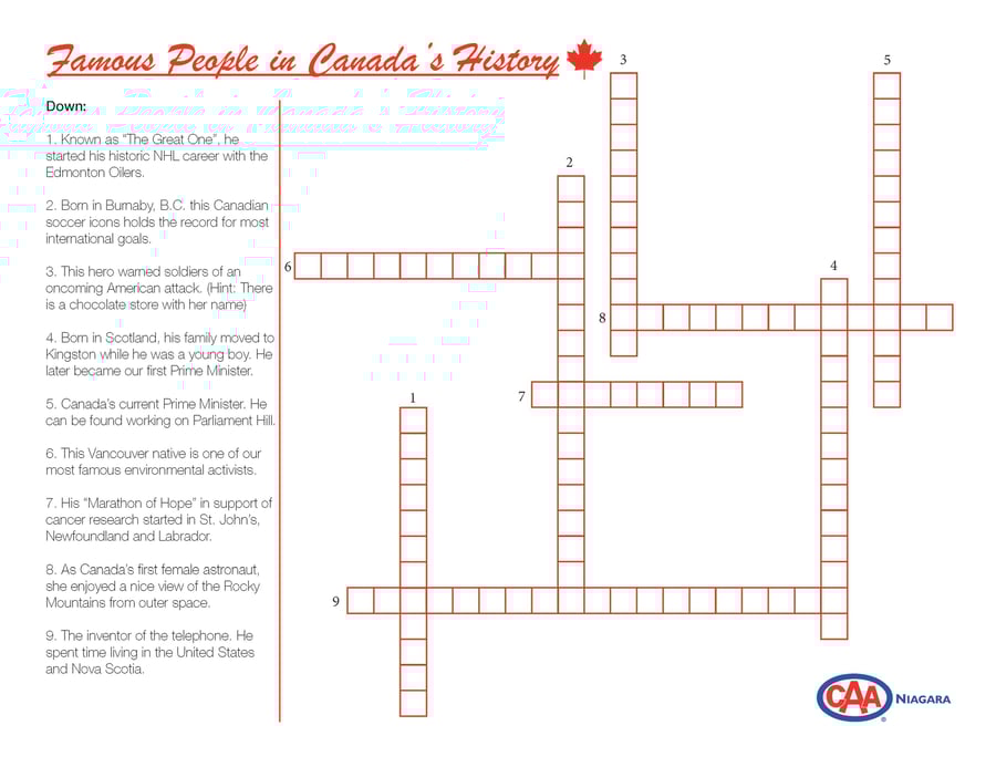 Famous Canadians Crossword | Canada for Kids